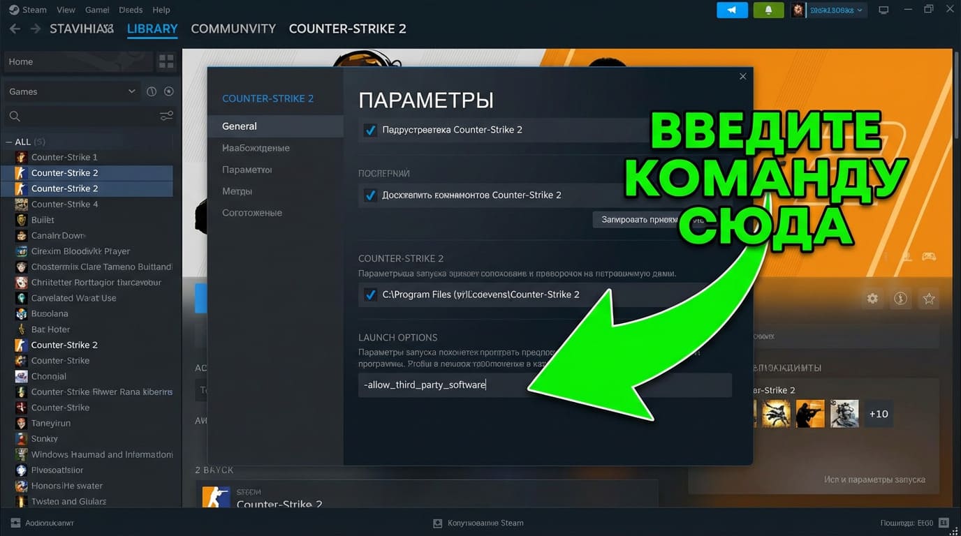 Counter-Strike 2 (CS2): команда -allow_third_party_software и параметры ...